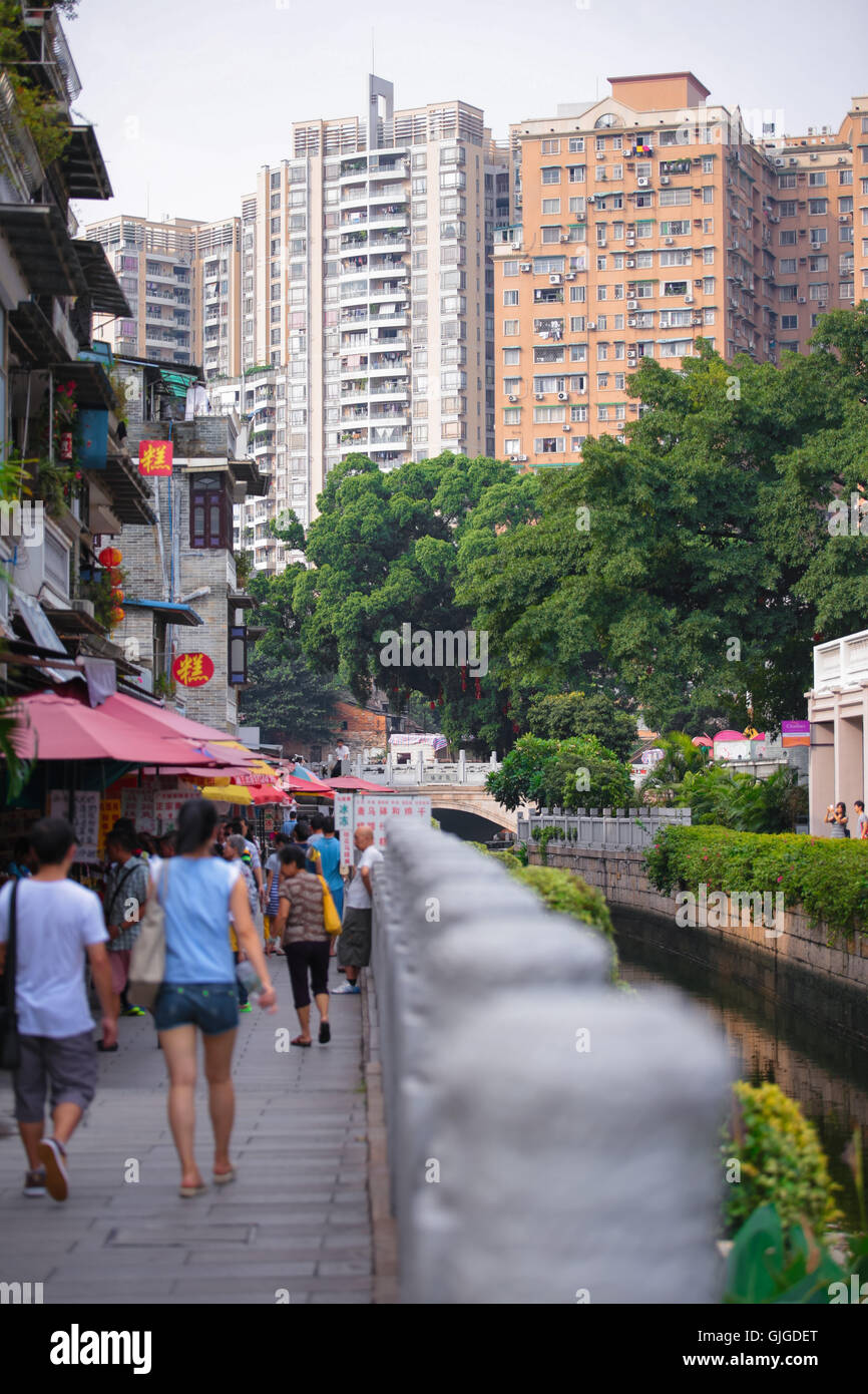 Buildings and hawker stalls around the old Xiguan blocks and Liwan Bay ...