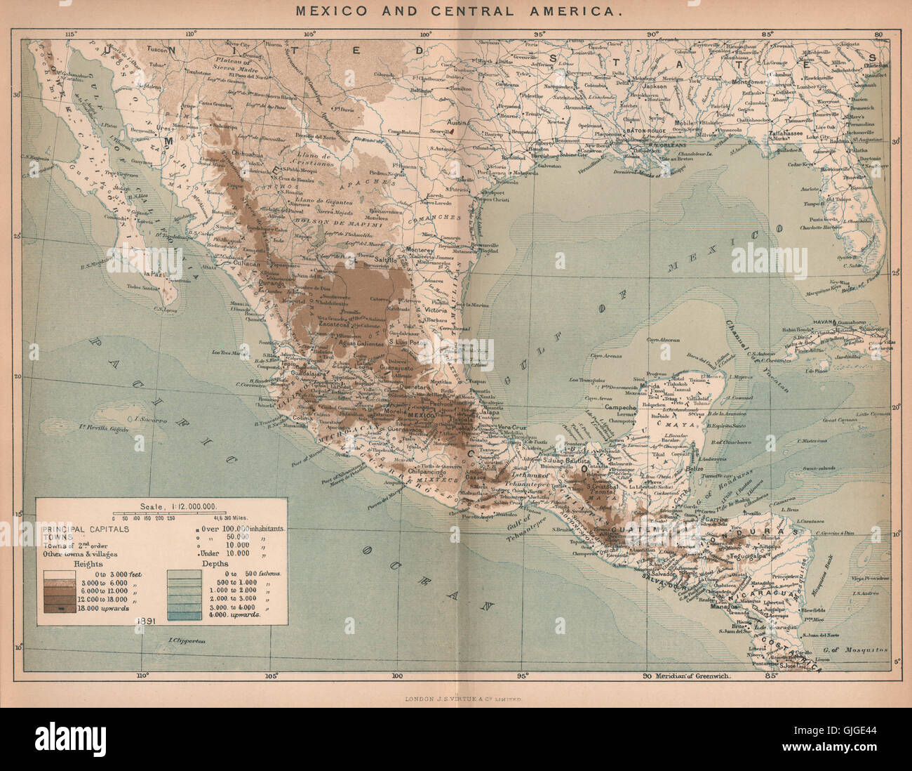 Mexico and Central America, 1885 antique map Stock Photo - Alamy