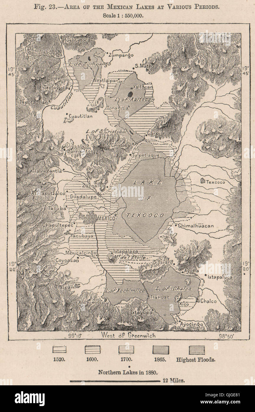 Area of the Mexican Lakes at various periods. Mexico, 1885 antique map ...