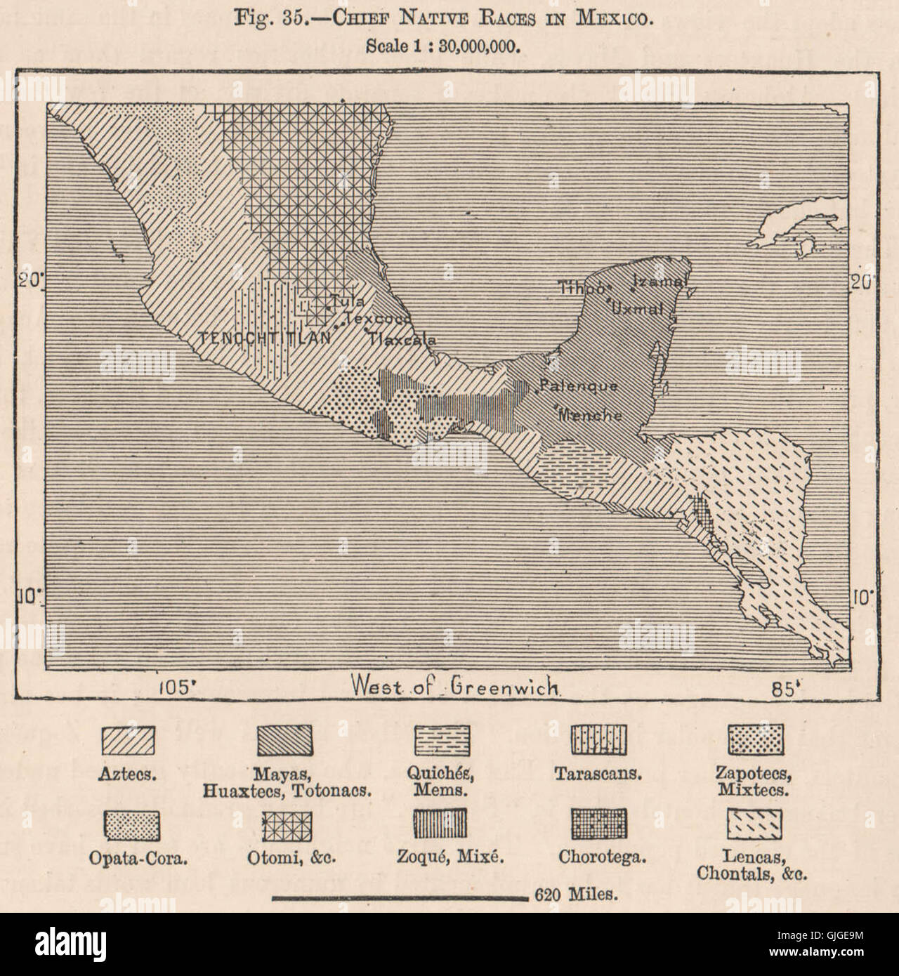 Chief native races in Mexico, 1885 antique map Stock Photo - Alamy