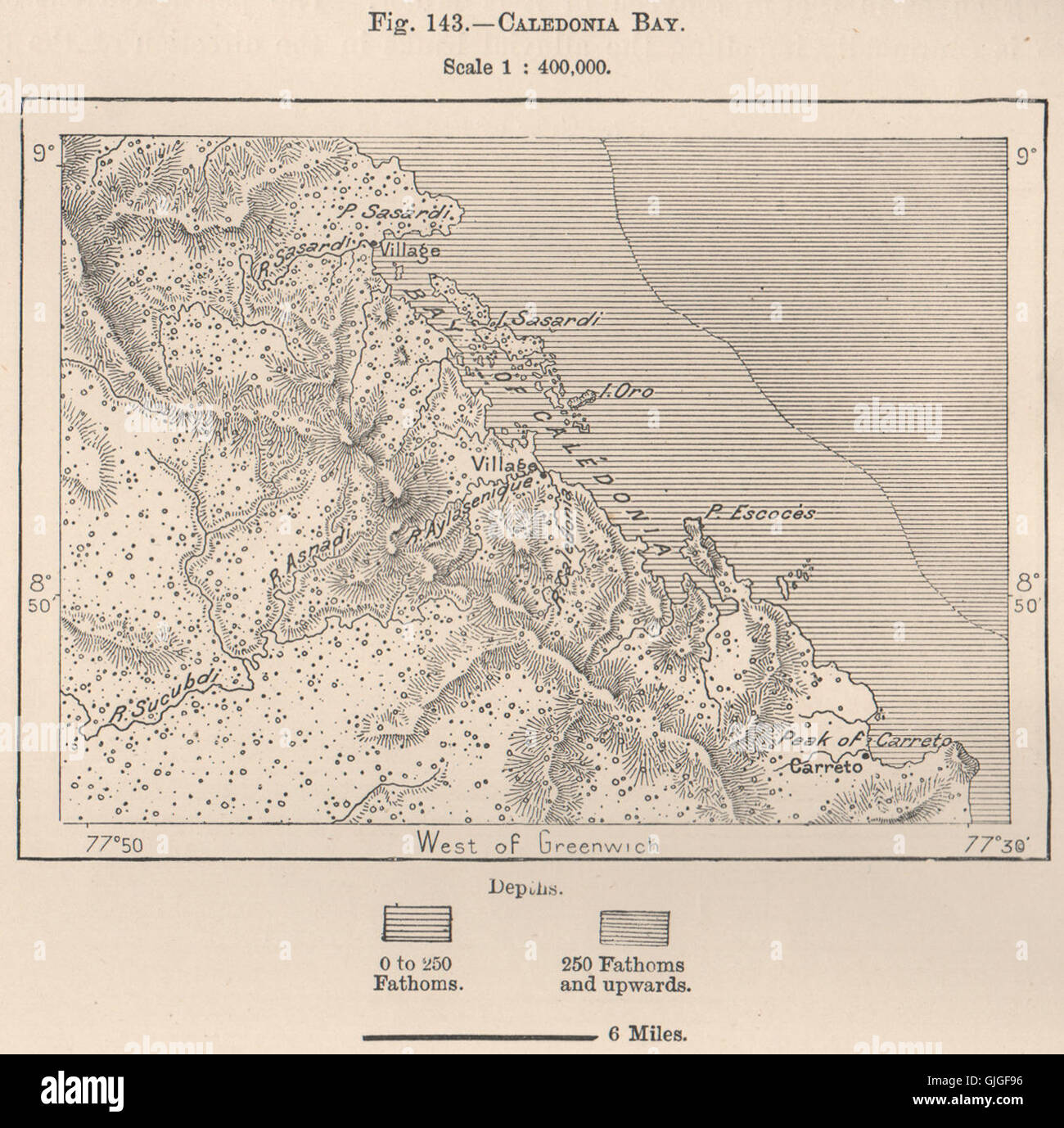 Caledonia Bay. Panama, 1885 antique map Stock Photo - Alamy
