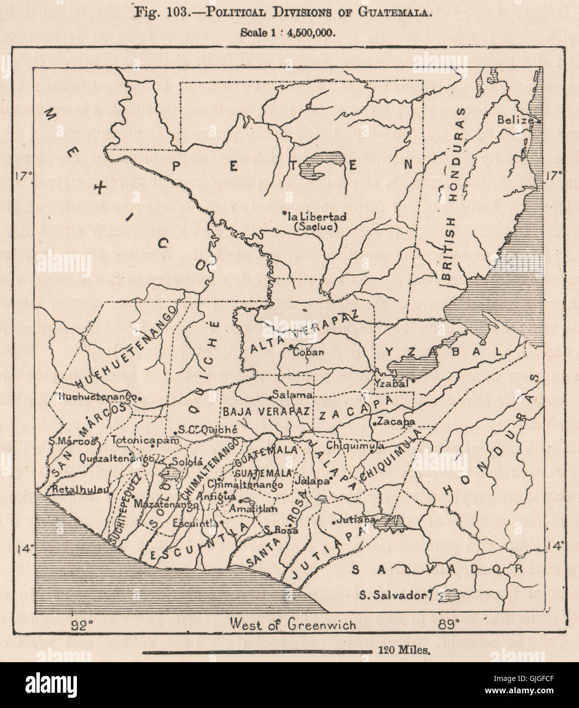 Political divisions of Guatemala. Central America, 1885 antique map ...