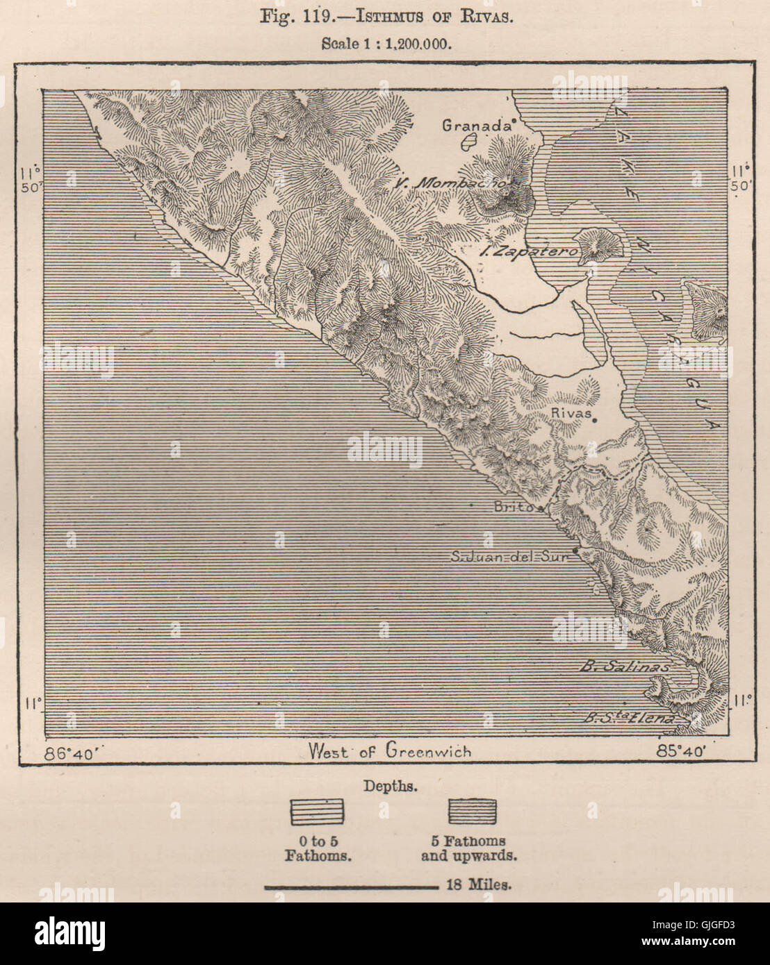 Isthmus of Rivas. Nicaragua. Central America, 1885 antique map Stock ...