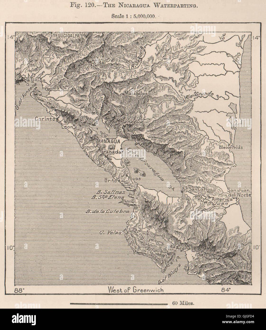 Nicaragua waterparting/divide. Relief. Central America, 1885 antique ...