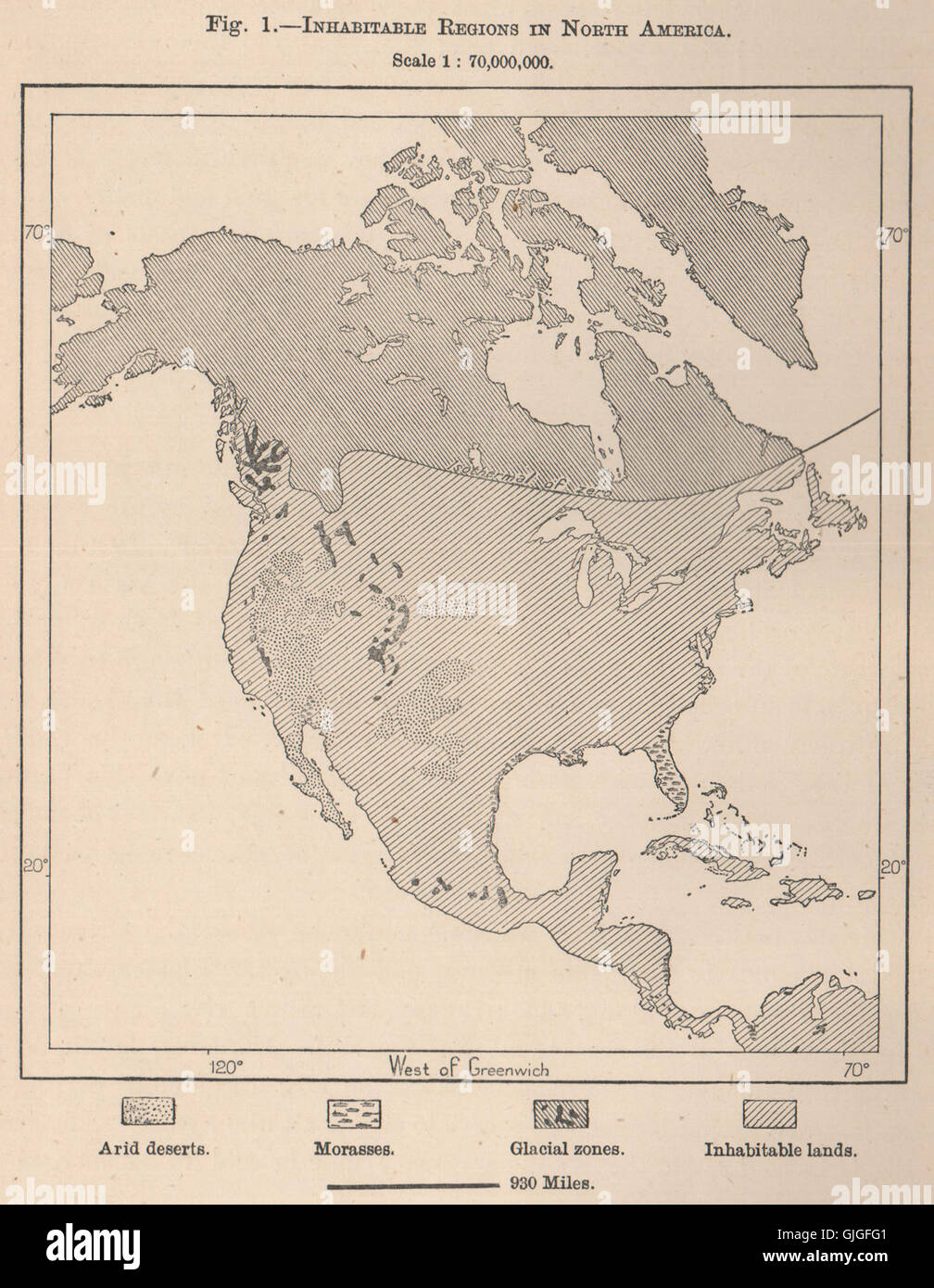 Inhabitable regions in North America, 1885 antique map Stock Photo - Alamy