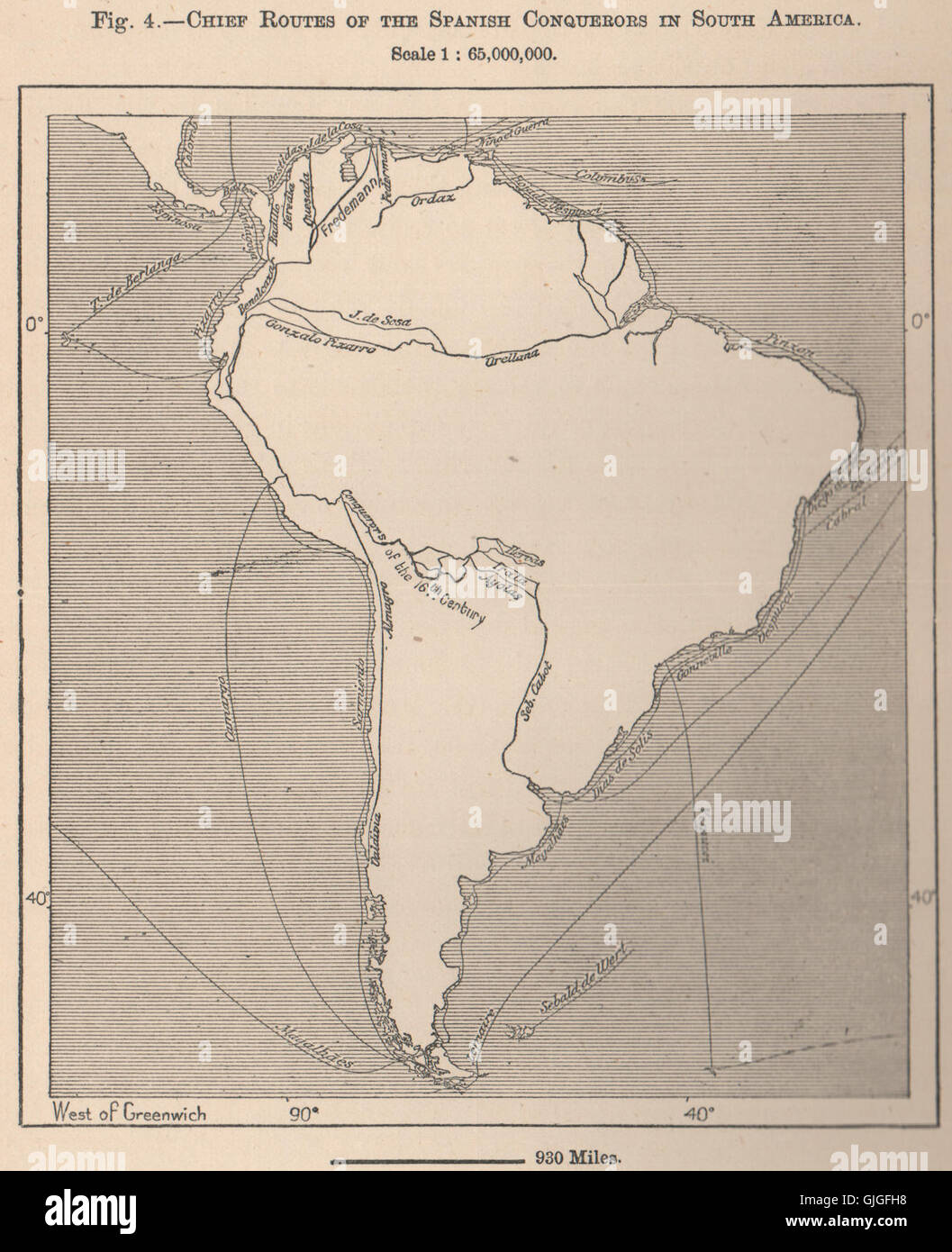 Chief routes of the Spanish conquerors in South America, 1885 antique ...