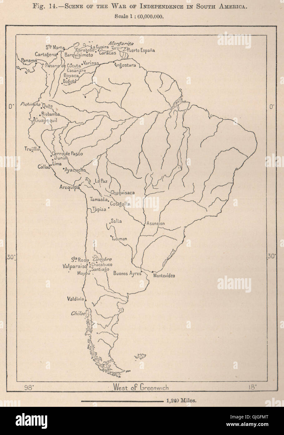 Scene of the war of independence in South America, 1885 antique map ...