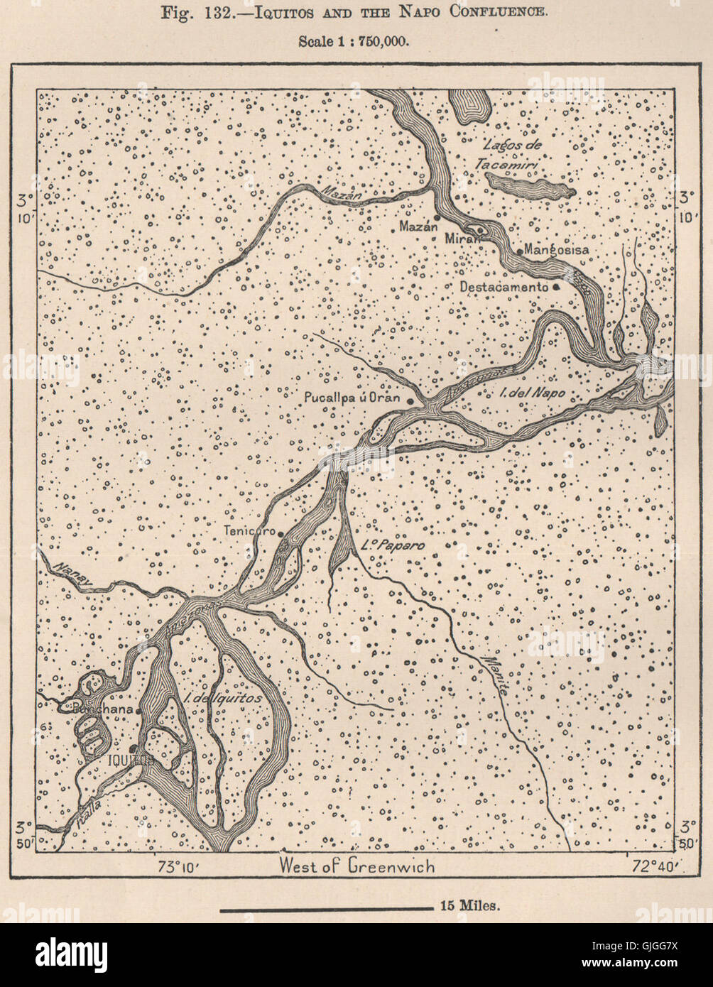 Iquitos and the Amazon/Napo confluence. Peru, 1885 antique map Stock ...