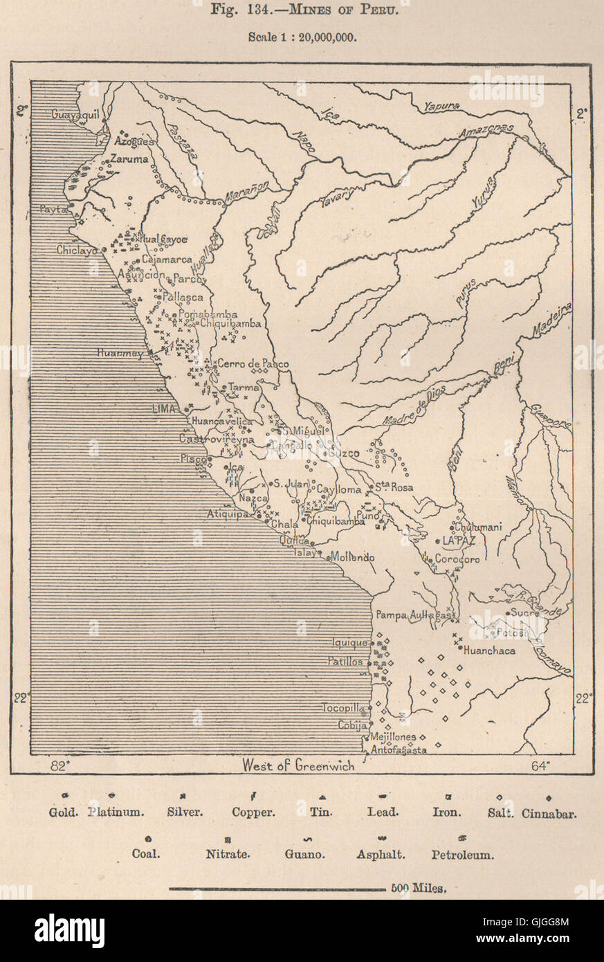 Mines of Peru, 1885 antique map Stock Photo - Alamy