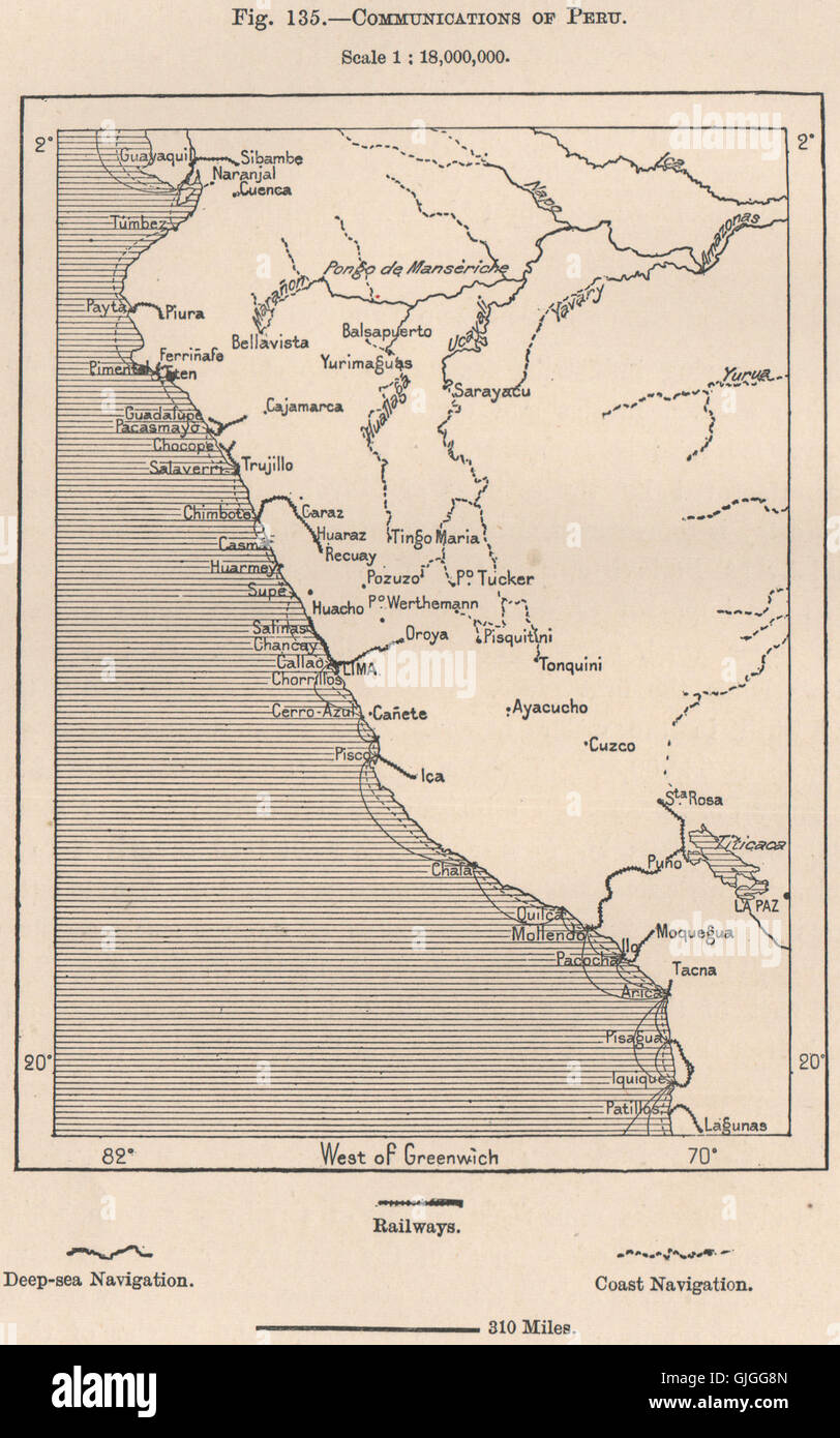 Communications of Peru, 1885 antique map Stock Photo - Alamy