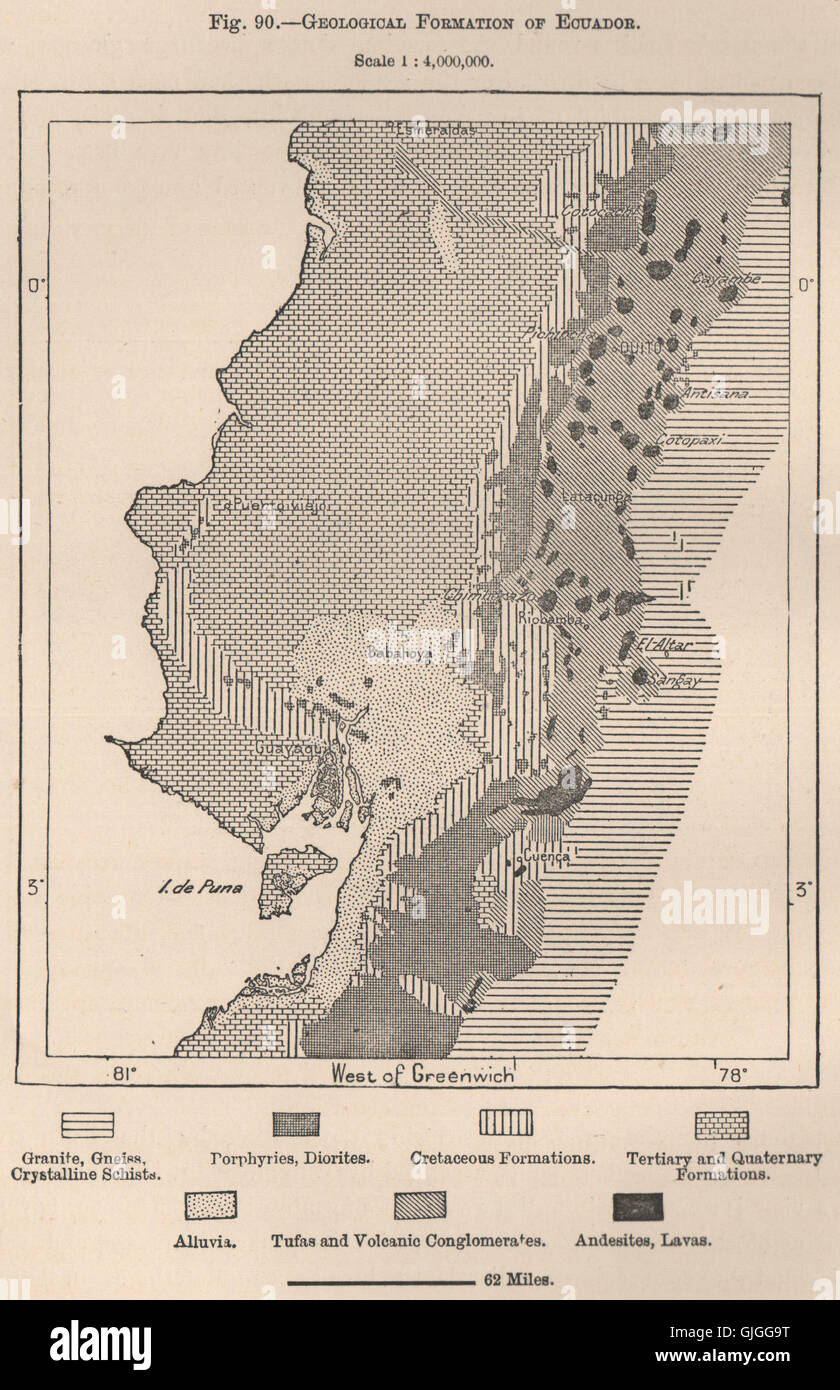 Geological formation of Ecuador, 1885 antique map Stock Photo - Alamy