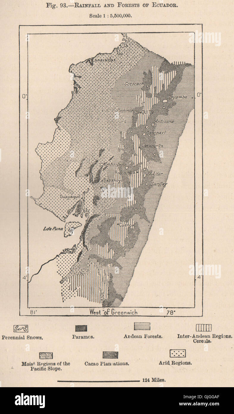 Rainfall and Forests of Ecuador, 1885 antique map Stock Photo - Alamy