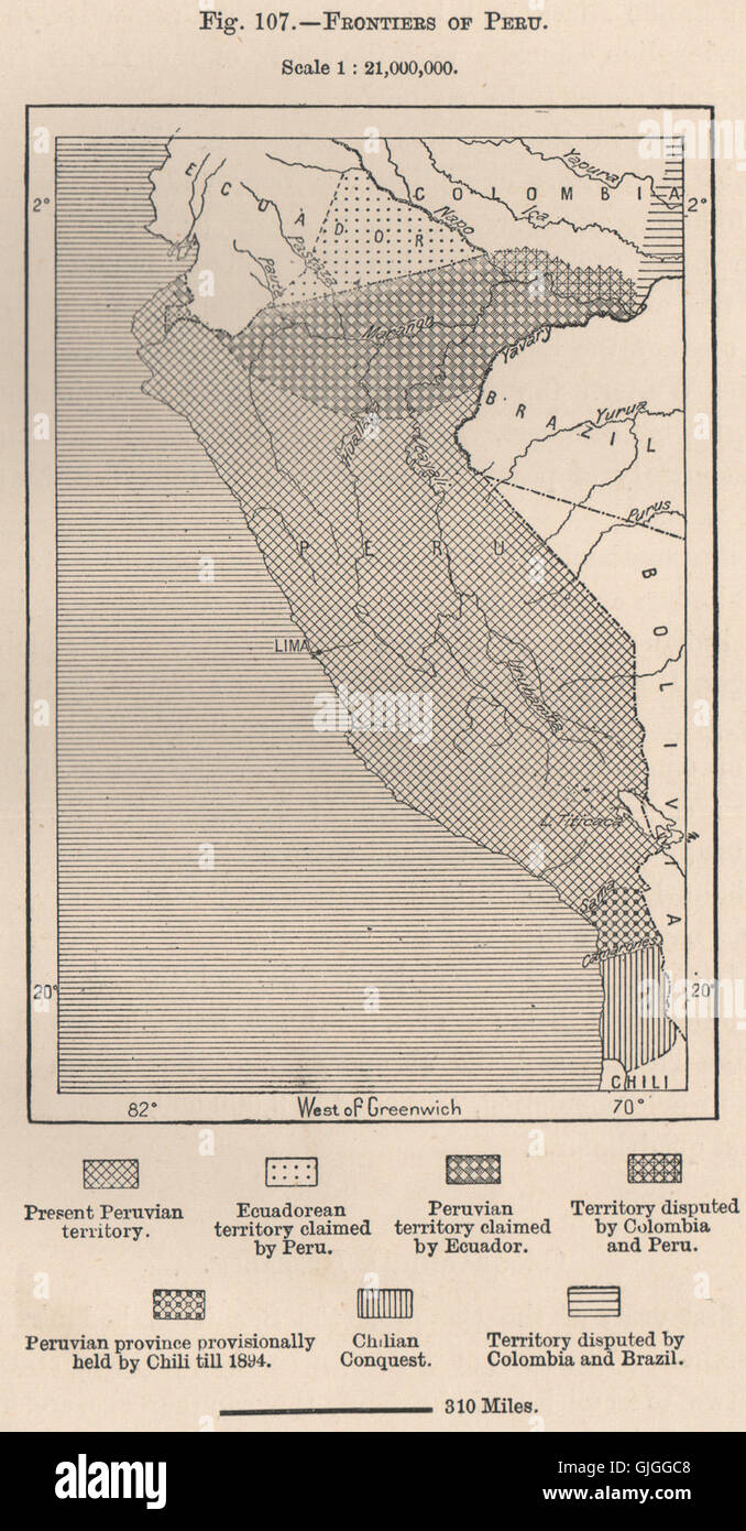 Frontiers of Peru, 1885 antique map Stock Photo - Alamy