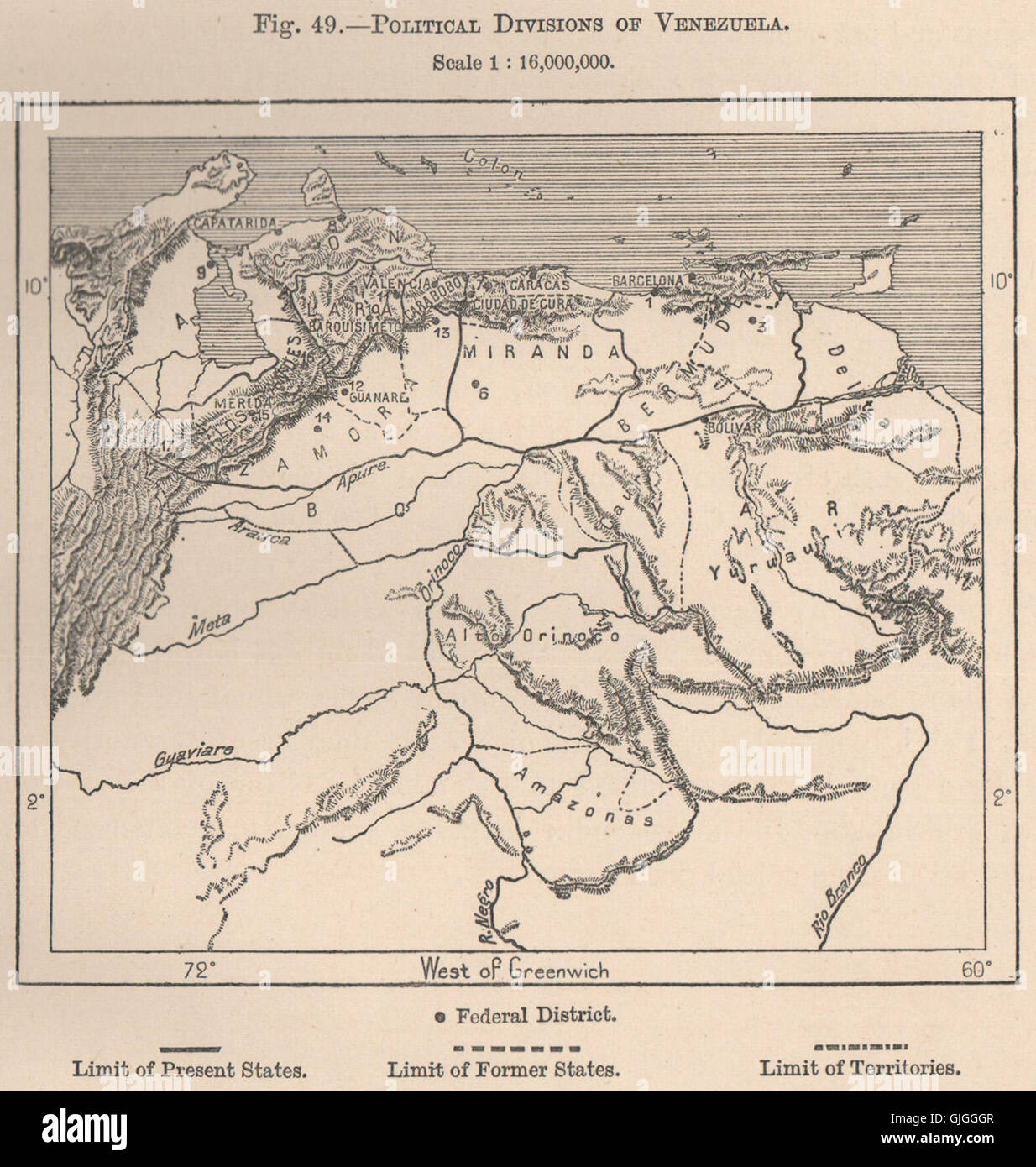 Political divisions of Venezuela, 1885 antique map Stock Photo - Alamy