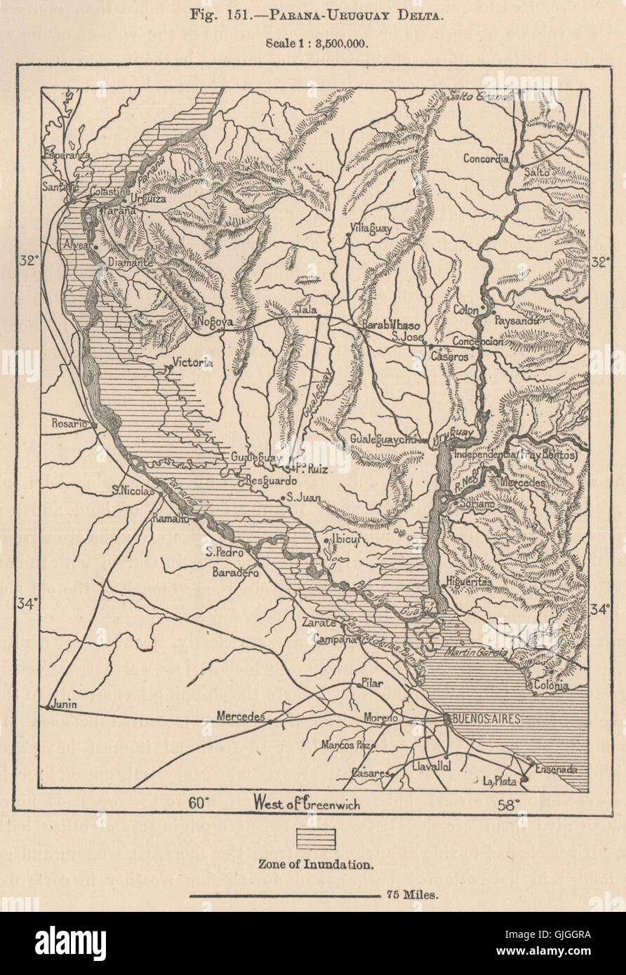 Parana-Uruguay Delta. Argentina, 1885 antique map Stock Photo - Alamy
