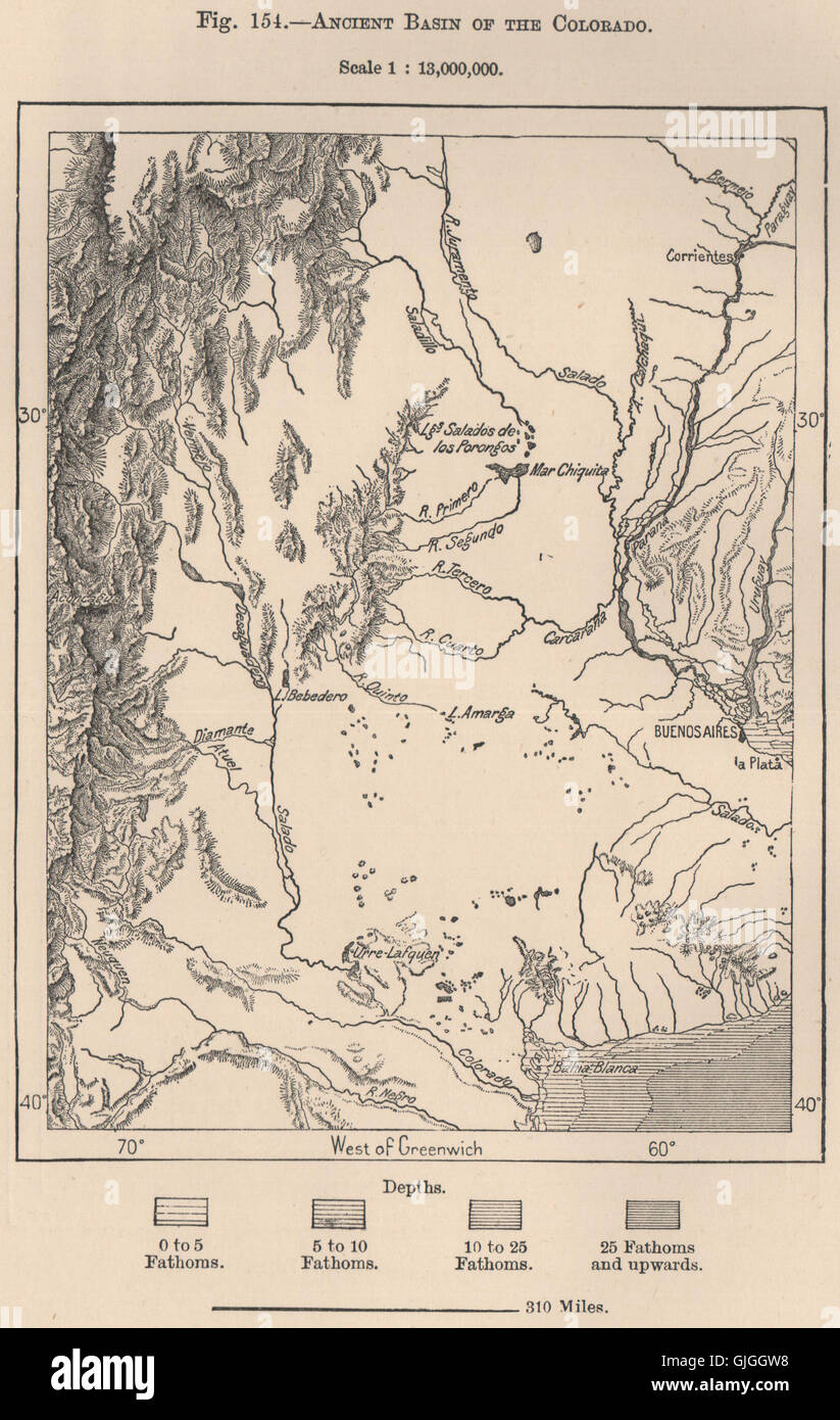 Ancient Basin of the Colorado. Argentina, 1885 antique map Stock Photo ...