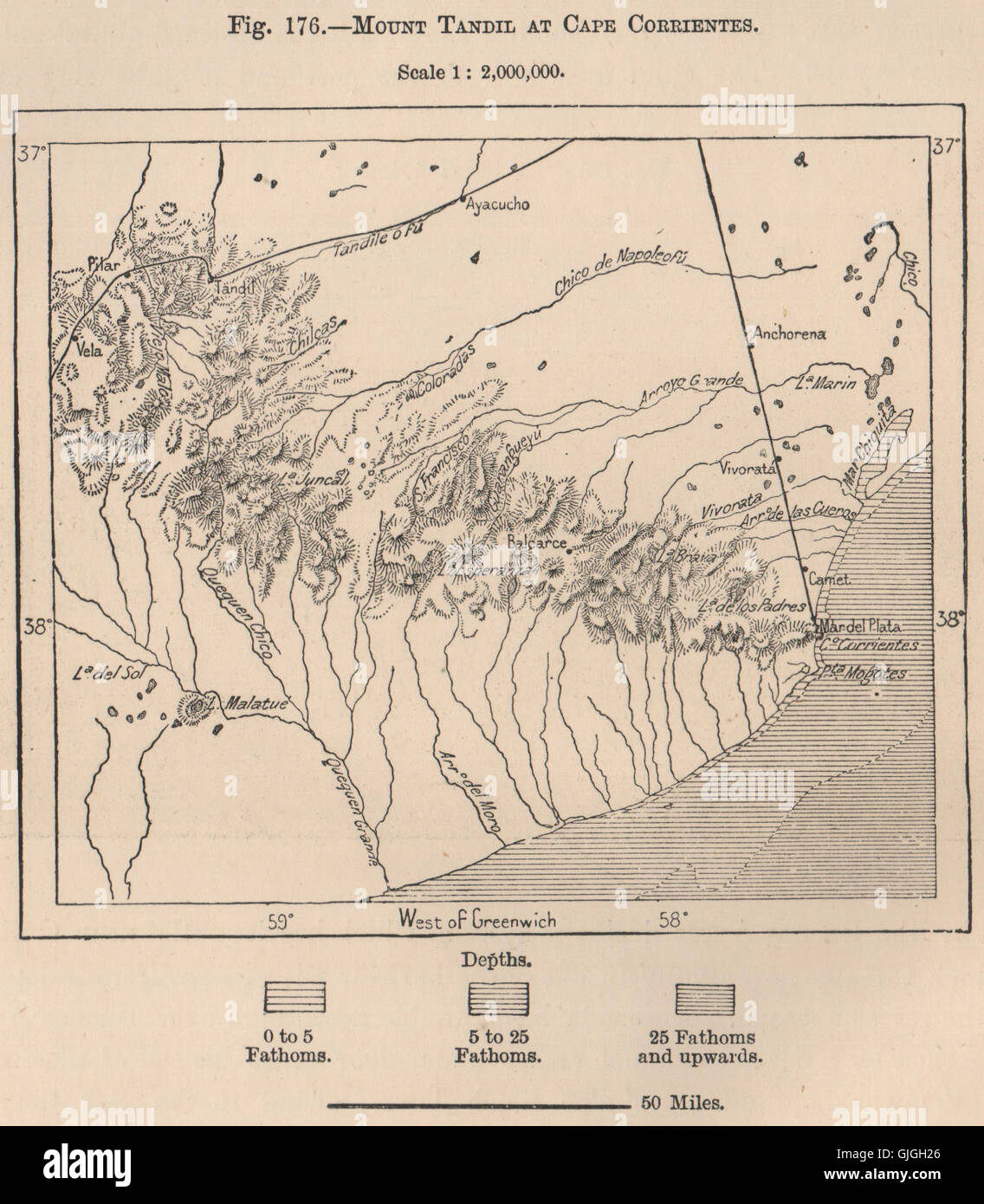Mount Tandil at Cape/Cabo Corrientes. Argentina, 1885 antique map Stock ...