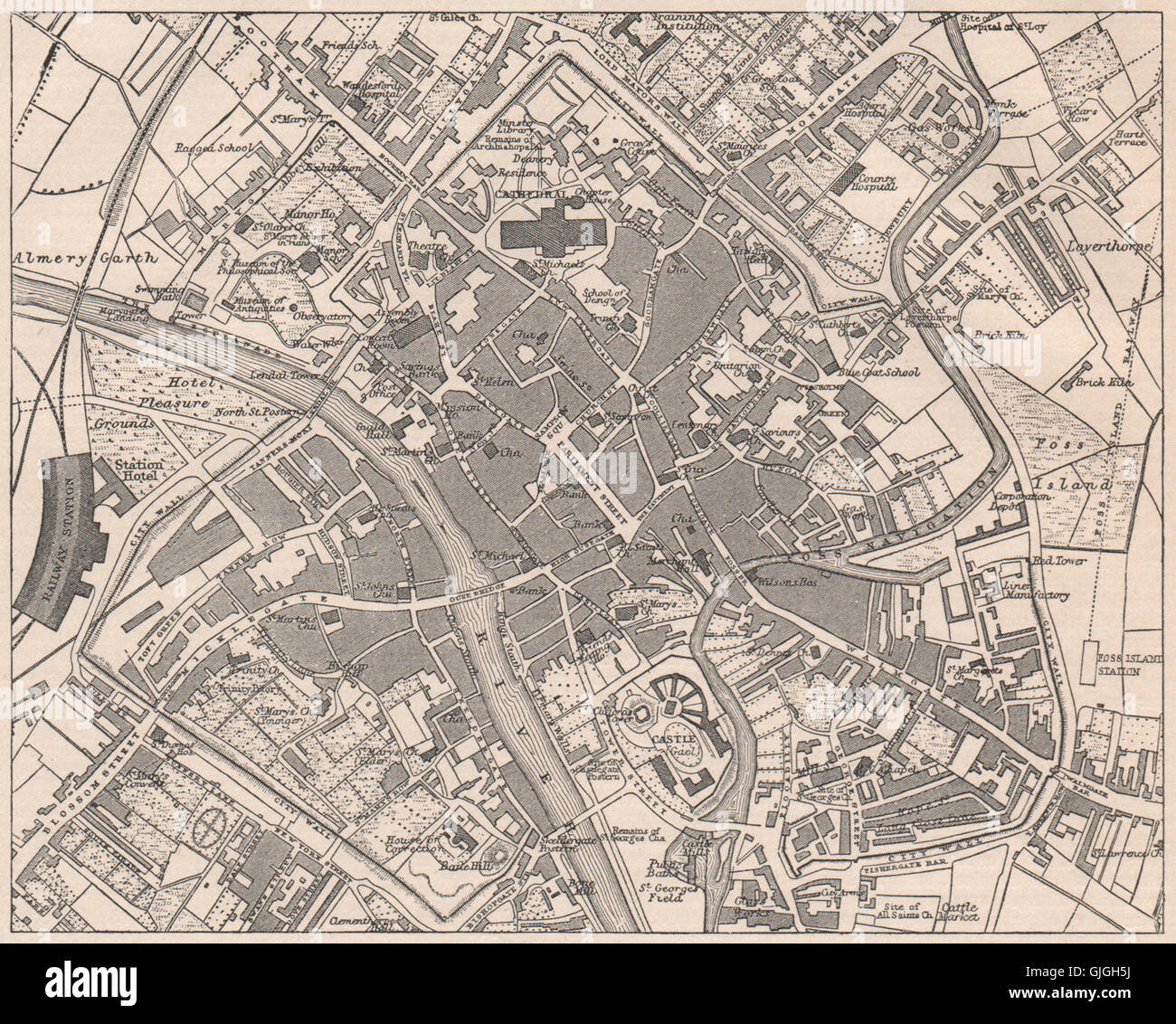 Town/city plan of York. Yorkshire. BRITANNICA, 1898 antique map Stock ...