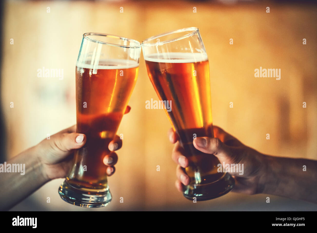 Two friends toasting with glasses of light beer at the pub. Beautiful ...