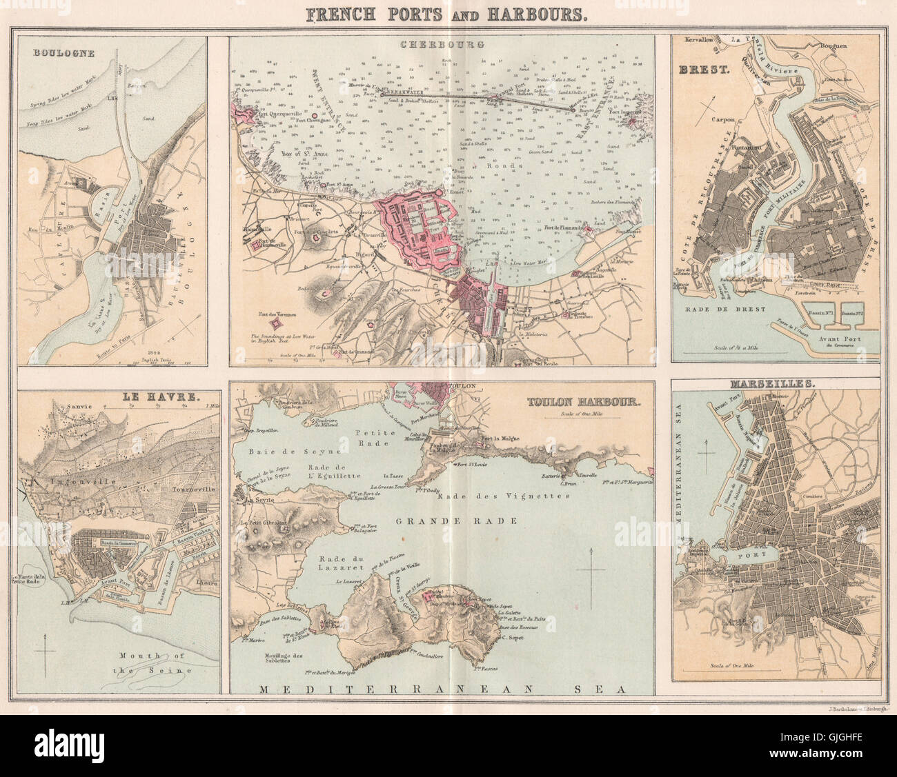 FRENCH PORTS. Boulogne Cherbourg Brest Le Havre Toulon Marseilles, 1886 ...