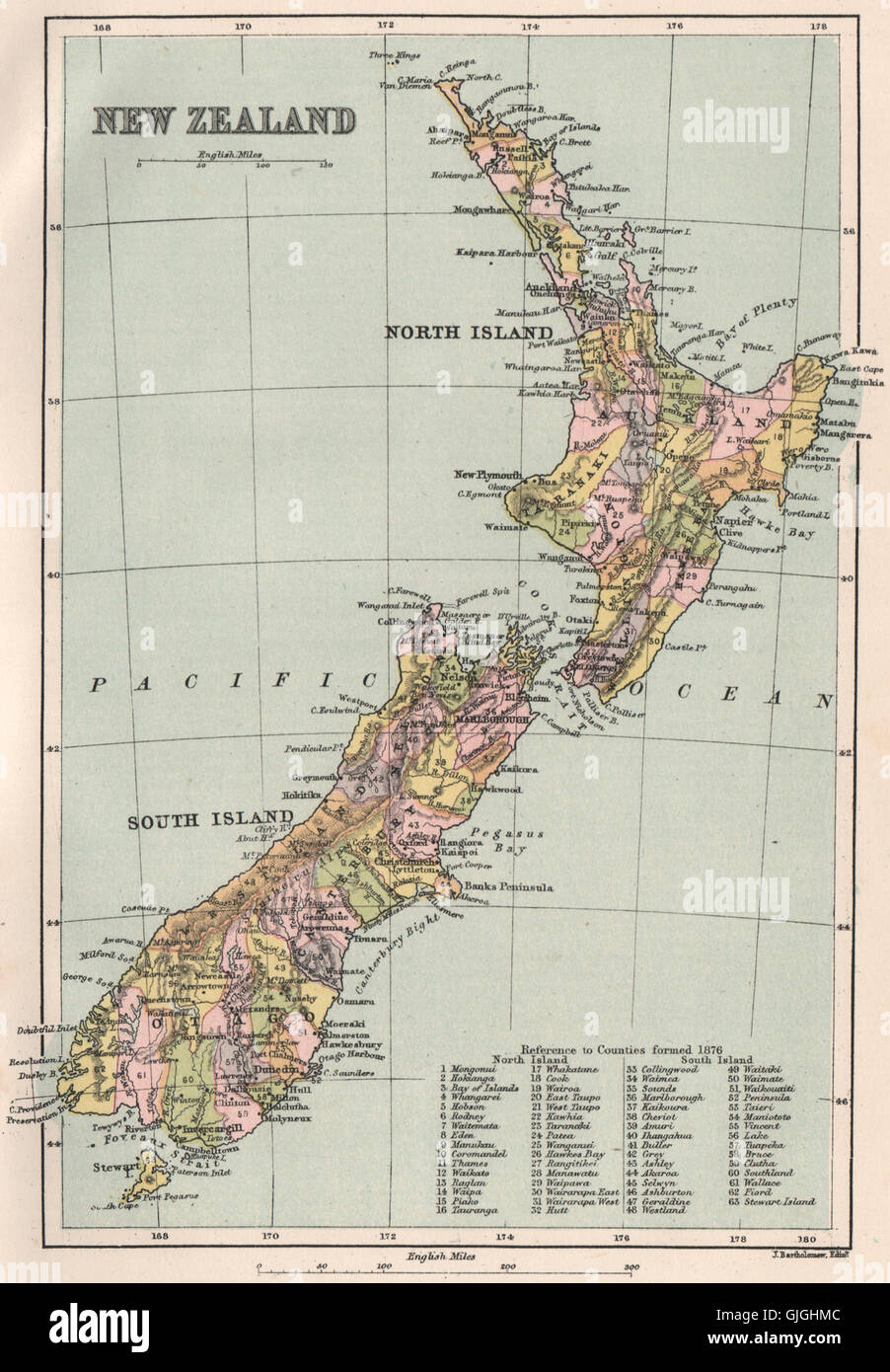 New Zealand. 1876 counties. BARTHOLOMEW, 1886 antique map Stock Photo ...
