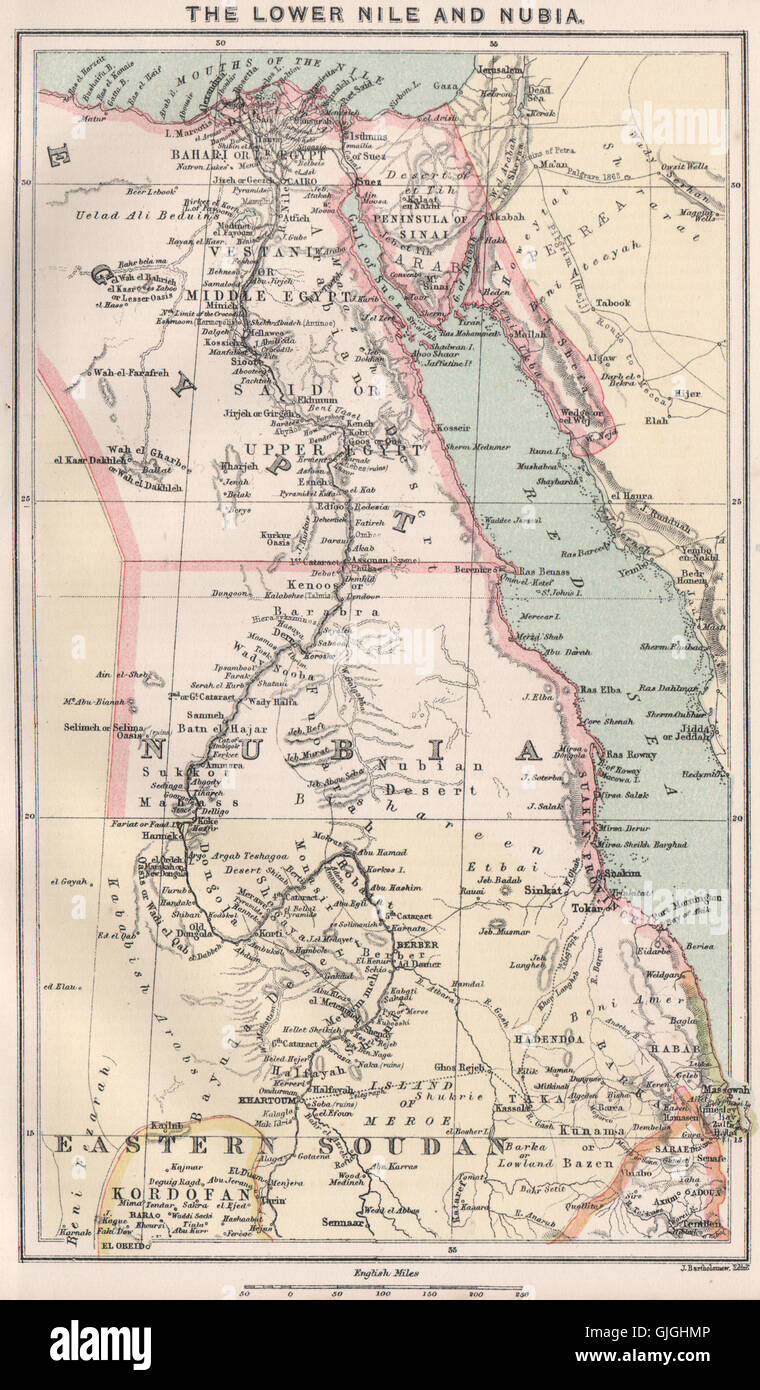 The lower Nile and Nubia. Egypt. Red Sea. BARTHOLOMEW, 1886 antique map ...