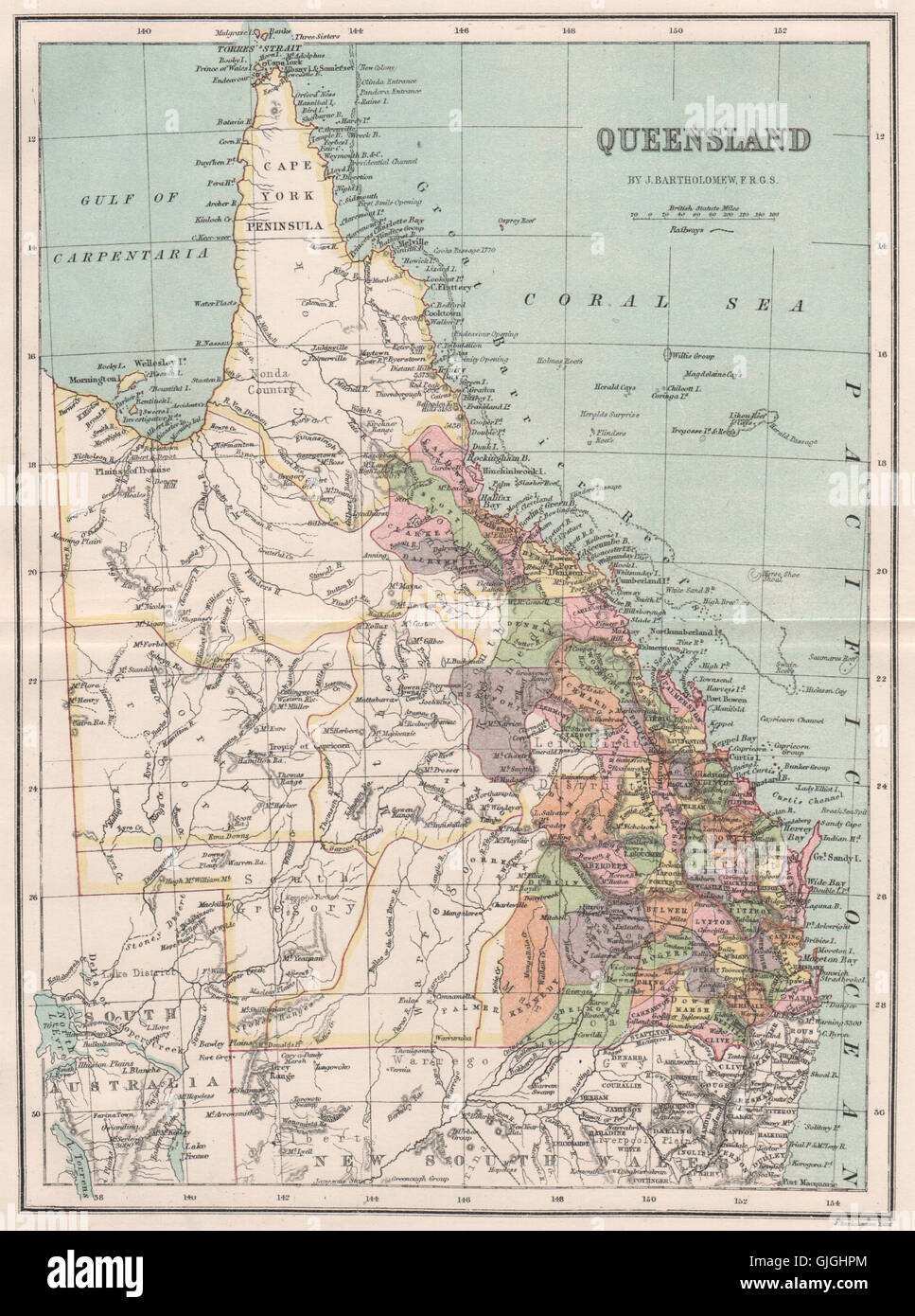 Queensland state map with counties. BARTHOLOMEW, 1886 Stock Photo - Alamy