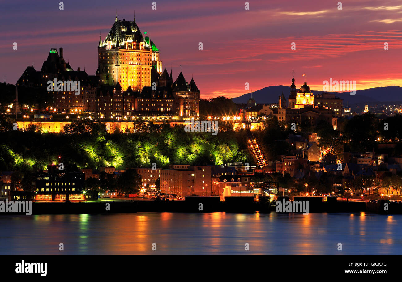 Quebec City skyline at dusk and Saint Lawrence River, Canada Stock ...
