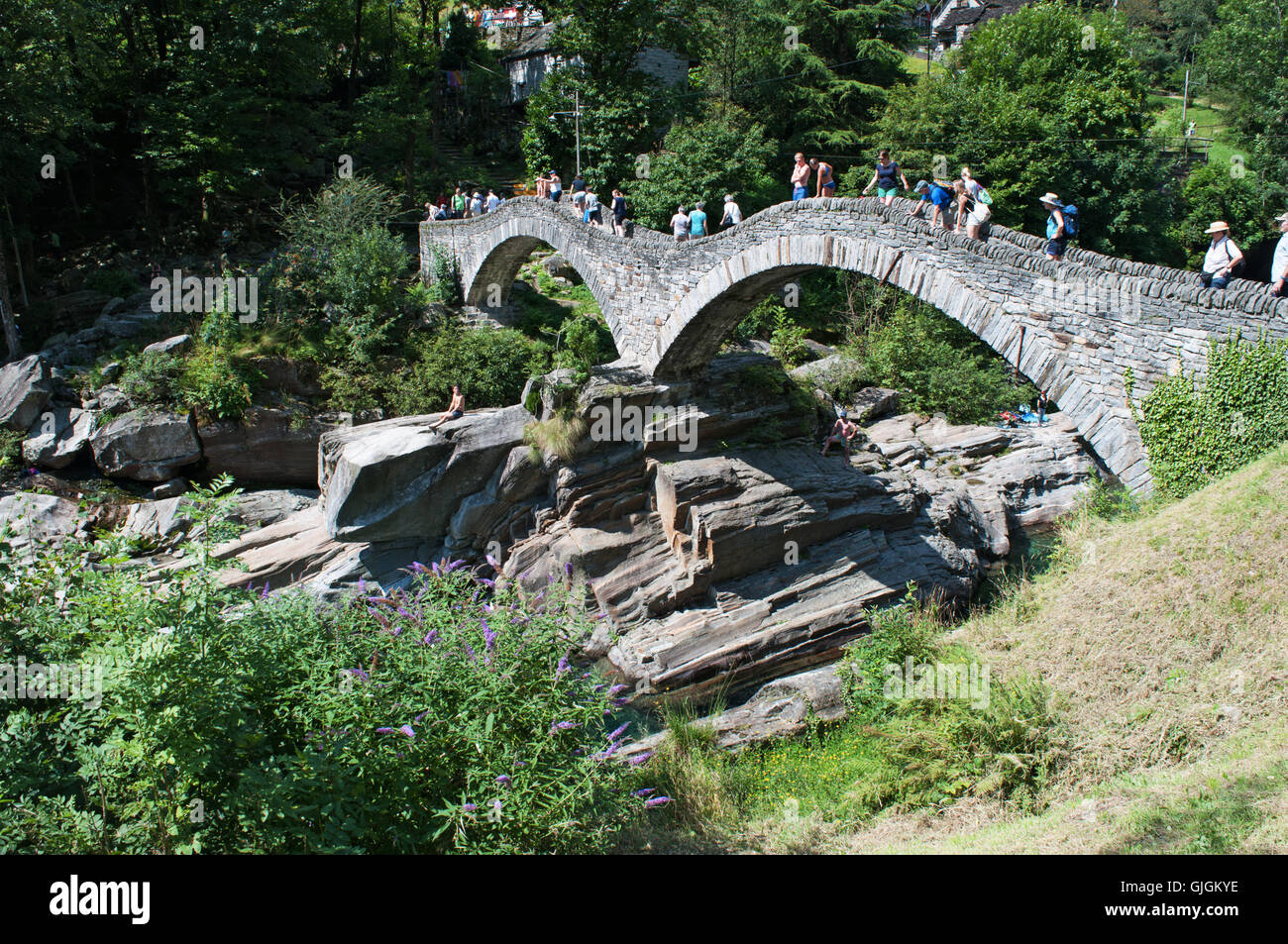 Lavertezzo, Switzerland: view of the Bridge of the Jumps, a double arch ...