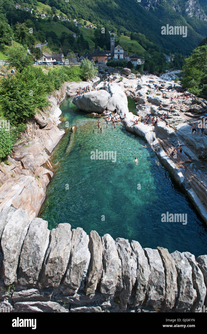 Lavertezzo, Switzerland: view of the Bridge of the Jumps, a double arch ...