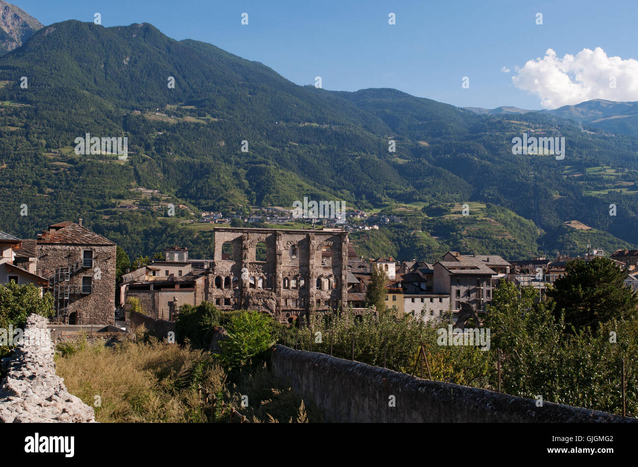Aosta, Val d'Aosta, Italy: view of the ruins of the Roman Amphitheatre ...