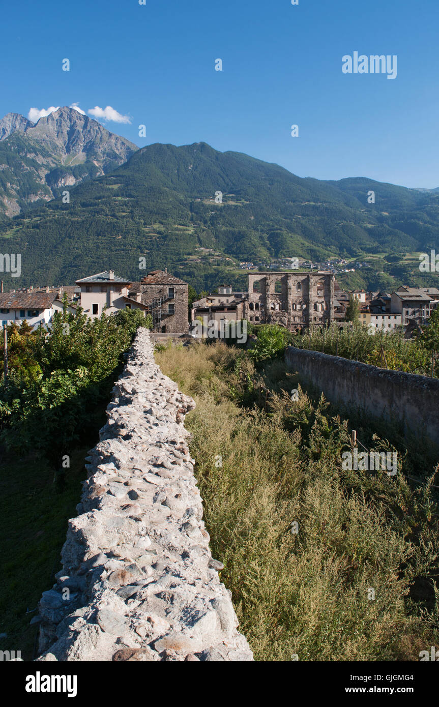Aosta, Val d'Aosta, Italy: view of the ruins of the Roman Amphitheatre ...
