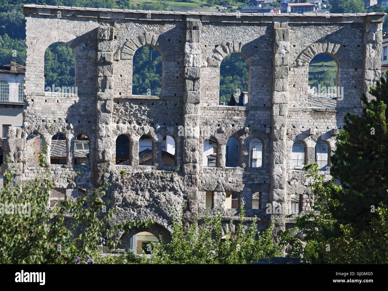 Aosta, Val d'Aosta, Italy: view of the ruins of the Roman Amphitheatre ...