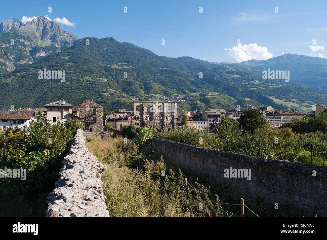 Aosta, Val d'Aosta, Italy: view of the ruins of the Roman Amphitheatre ...