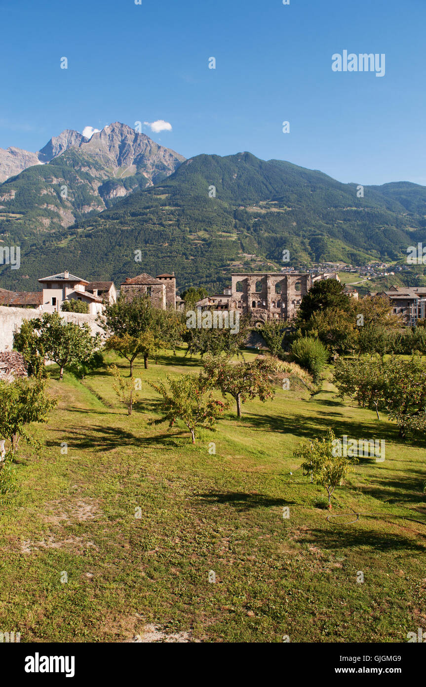 Aosta, Val d'Aosta, Italy: view of the ruins of the Roman Amphitheatre ...
