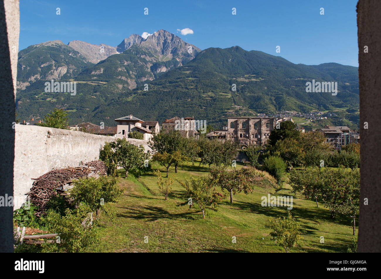 Aosta, Val d'Aosta, Italy: view of the ruins of the Roman Amphitheatre ...