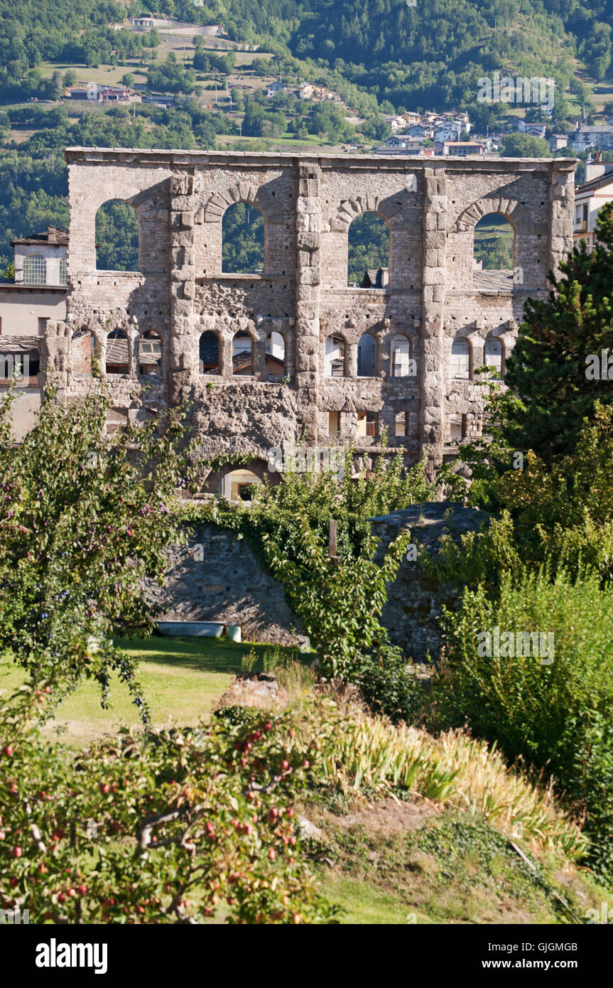 Aosta, Val d'Aosta, Italy: view of the ruins of the Roman Amphitheatre ...