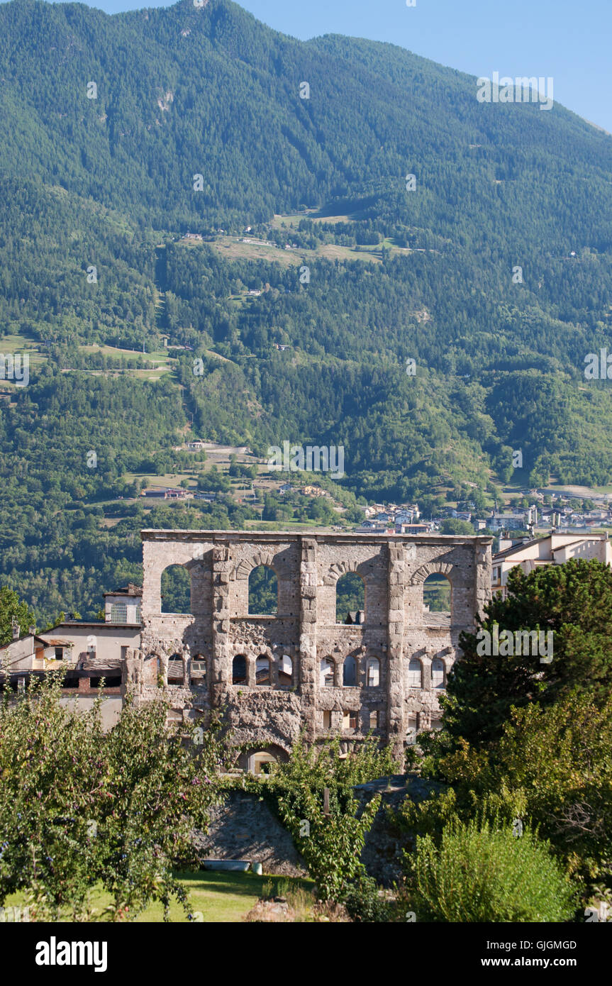 Aosta, Val d'Aosta, Italy: view of the ruins of the Roman Amphitheatre ...
