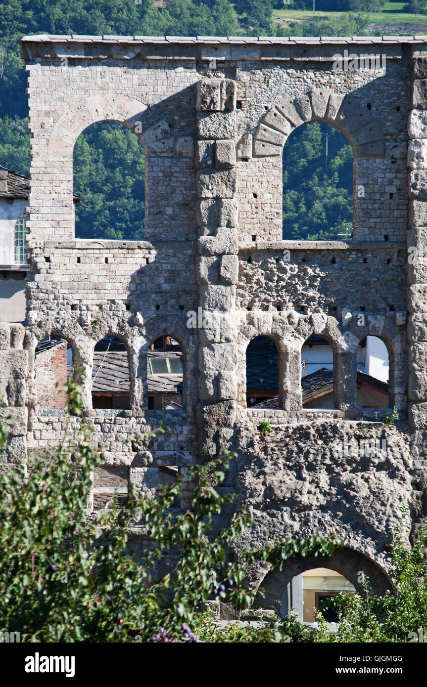 Aosta, Val d'Aosta, Italy: view of the ruins of the Roman Amphitheatre ...