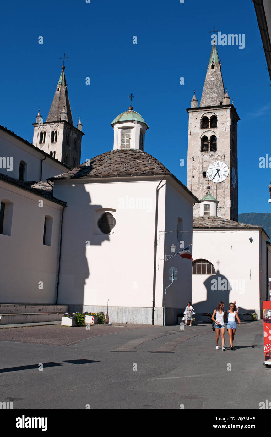 Aosta, Italy: the Romanesque clock tower of the Aosta Cathedral, one of ...