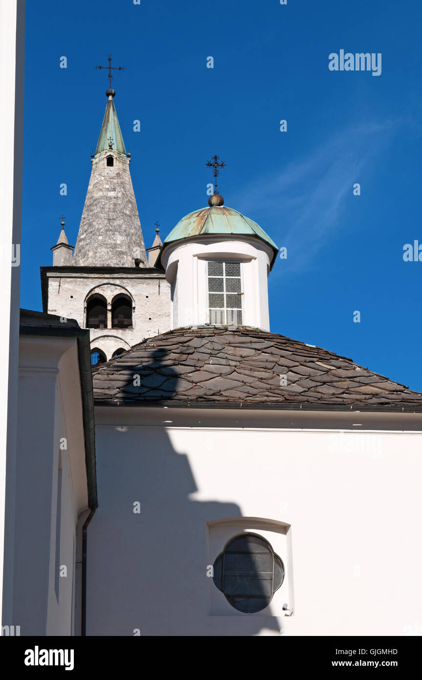 Aosta, Italy: the Romanesque clock tower of the Aosta Cathedral, one of ...