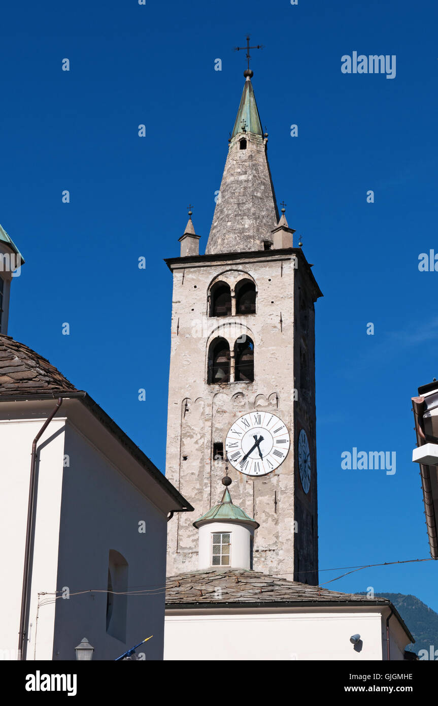 Aosta, Italy: the Romanesque clock tower of the Aosta Cathedral, one of ...