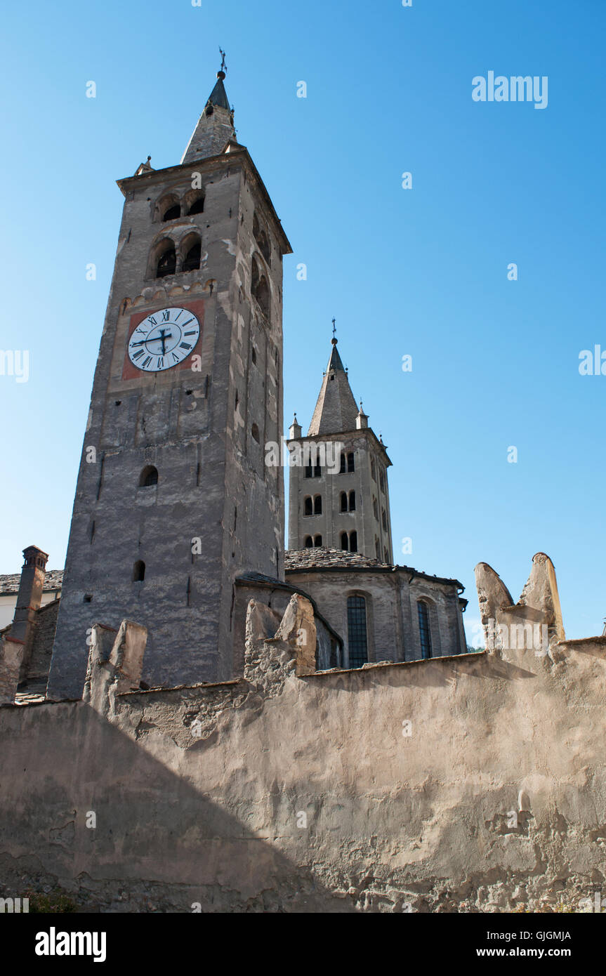 Aosta, Italy: the Romanesque clock tower of the Aosta Cathedral, one of ...