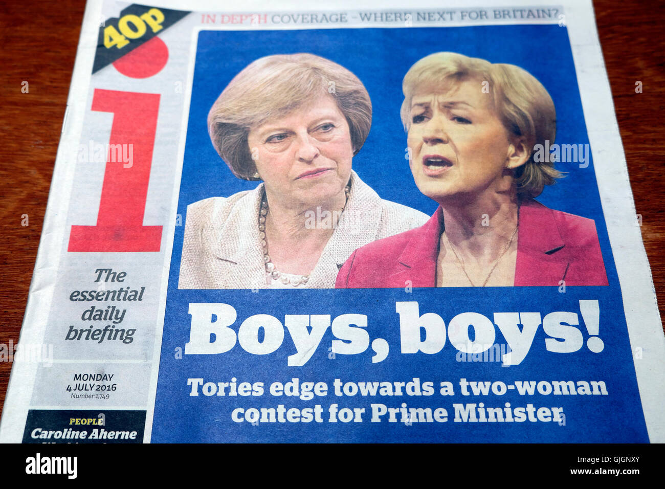 i Independent newspaper front page headline Theresa May Andrea Leadsom ...