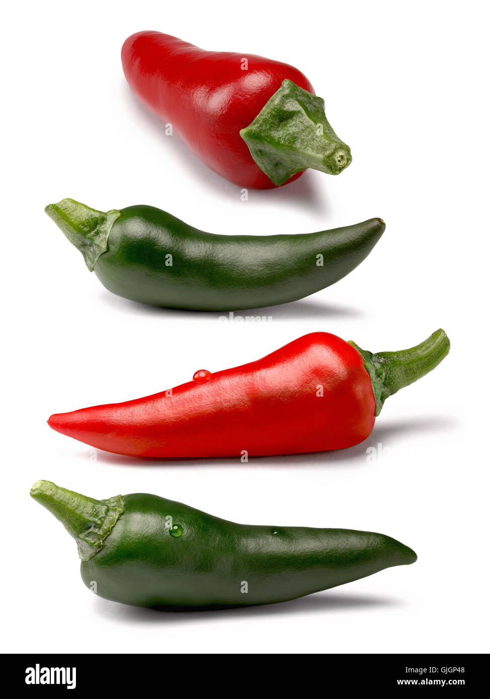 Set of standalone red and green hot chili peppers. Clipping paths ...