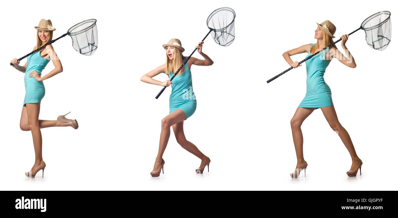 Woman with catching net isolated on white Stock Photo - Alamy