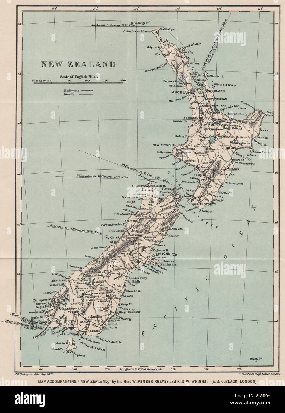 Antique map of NEW ZEALAND by FW Flanagan/STANFORD, 1908 Stock Photo ...