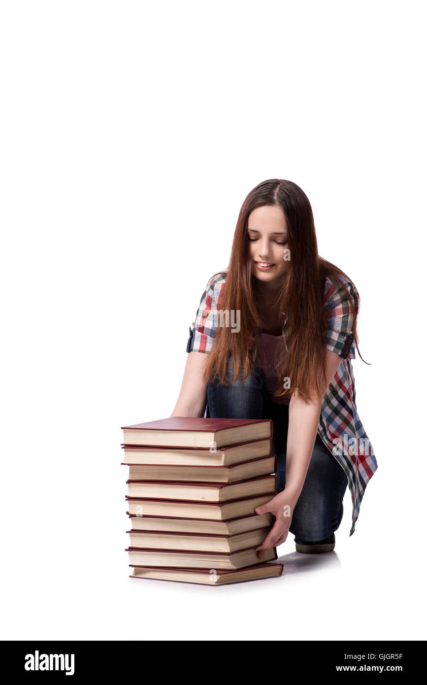 Student with books isolated on the white background Stock Photo - Alamy