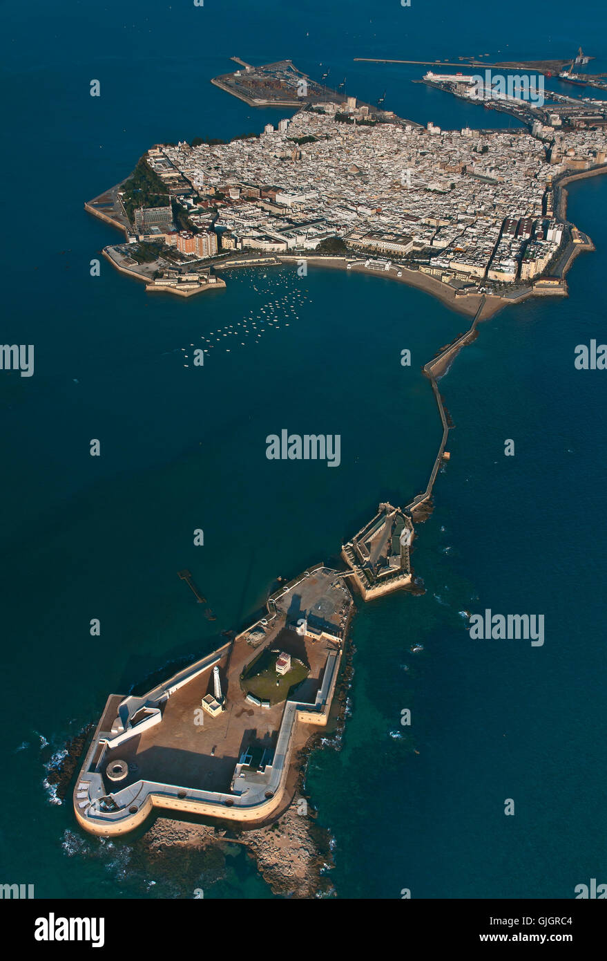 Aerial view with Saint Sebastian Castle, Cadiz, Region of Andalusia ...