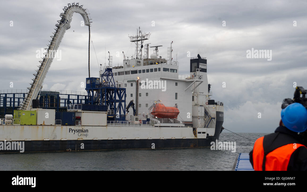 The special ship 'Cable Enterprise' laying a 25 kilometer long cable ...